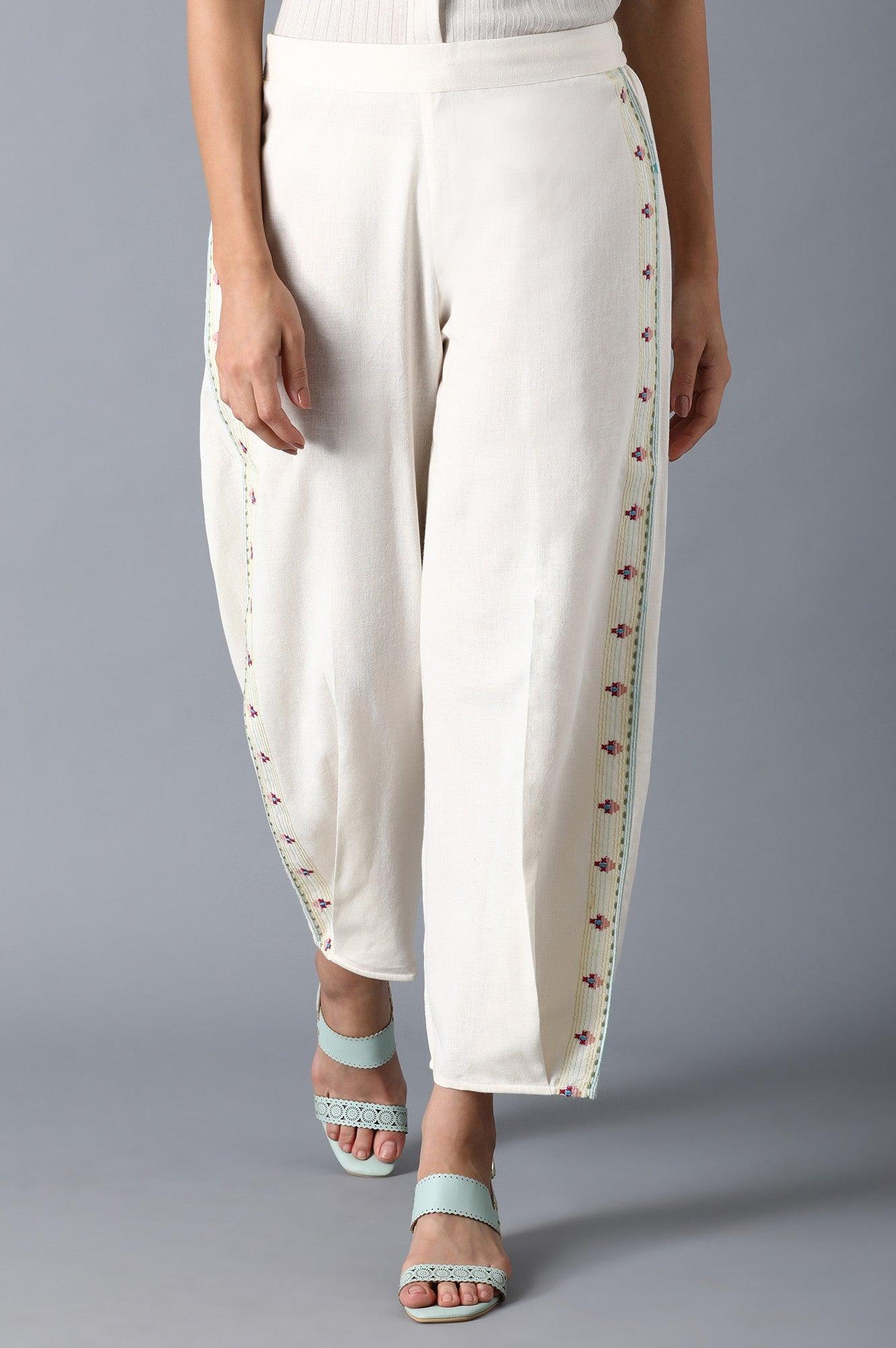 Buy Off White Embroidered Pants @ 1899 | W for woman – wforwoman