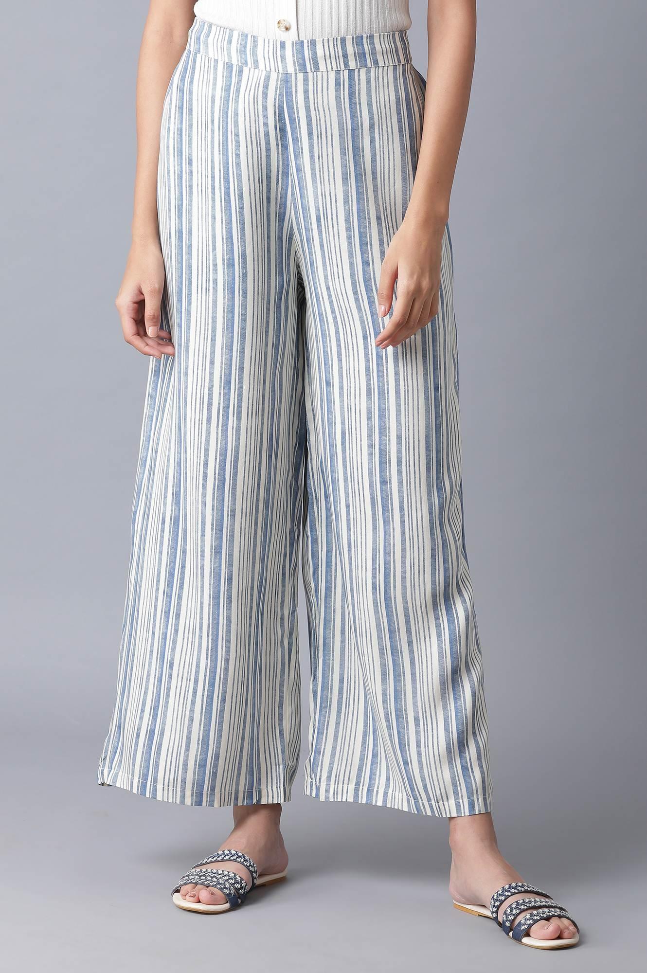 Buy Blue and White Printed Parallel Pants Online for Woman | WforWoman