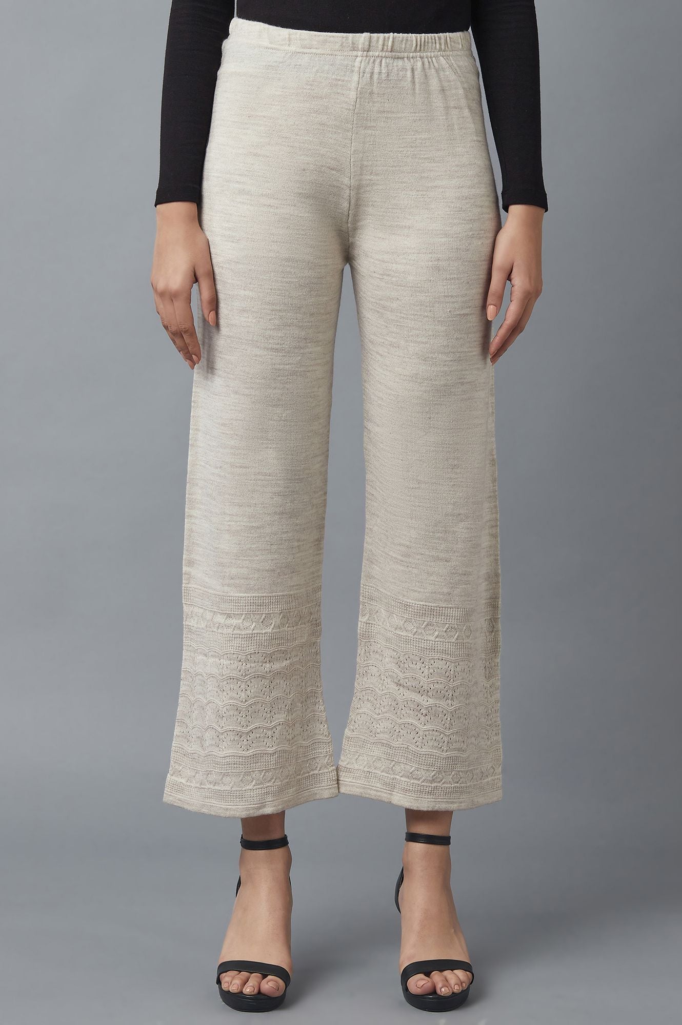 Buy Elleven Women's Beige Pointelle Flared Acrylic Palazzo With ...