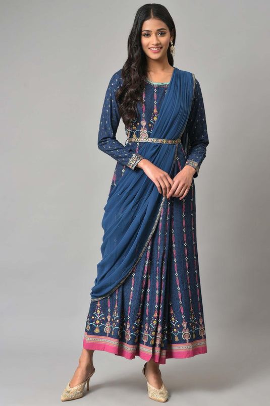 Buy Dark Blue Glitter Printed Insta Saree Dress @ 5999 | W for woman ...