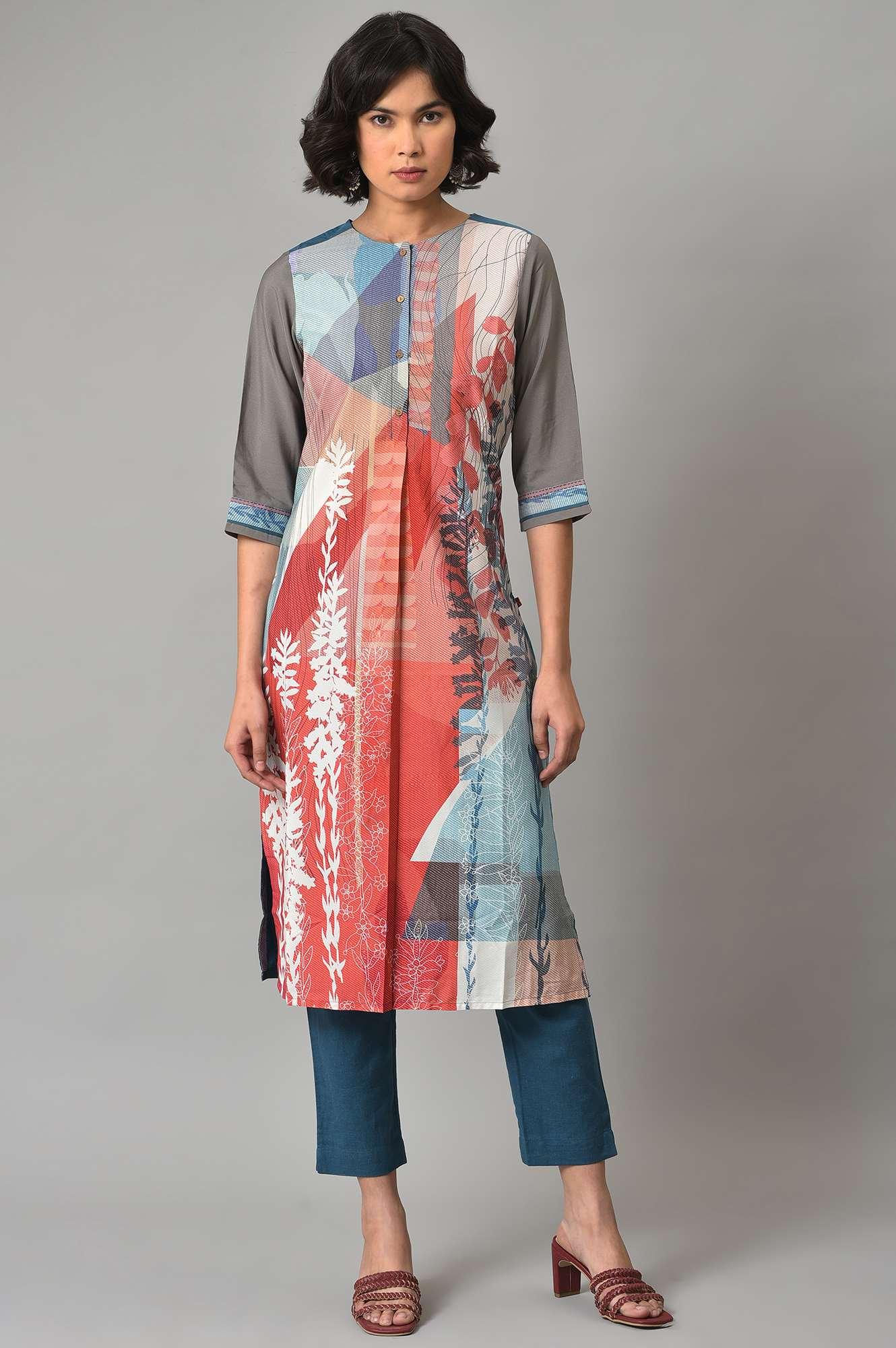 Buy Bright Multi-Coloured A-Line kurta With Blue Slim Pants Online for ...