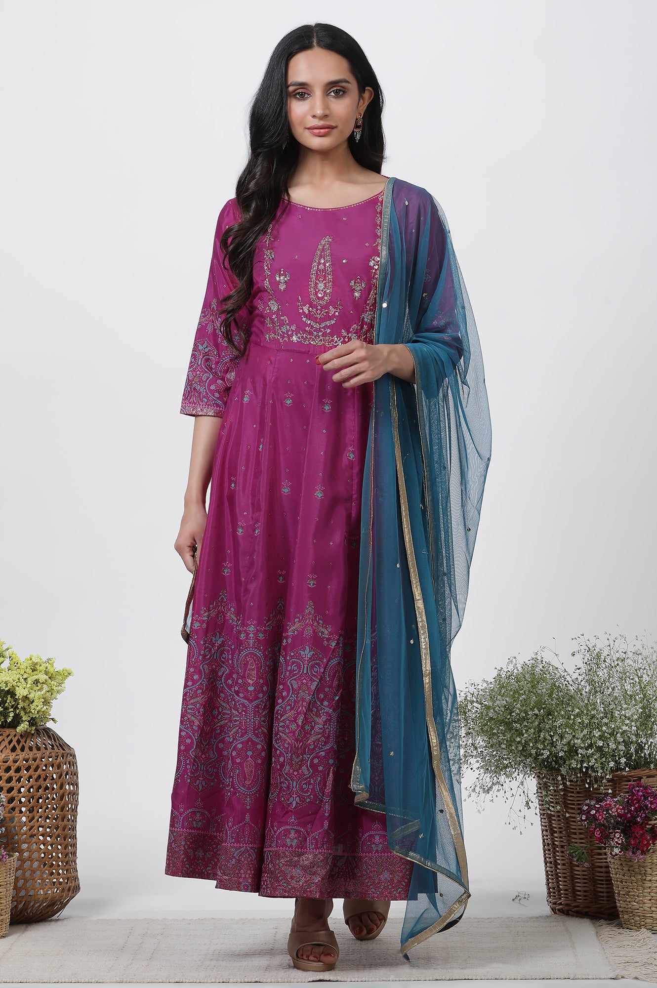 Buy Purple Embroidered Flared Dress And Dupatta Set @ 5899 | W for ...