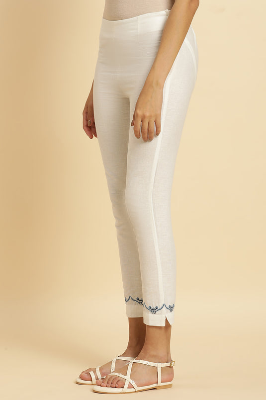 White Solid Embroidered Slim Cotton Pants – wforwoman