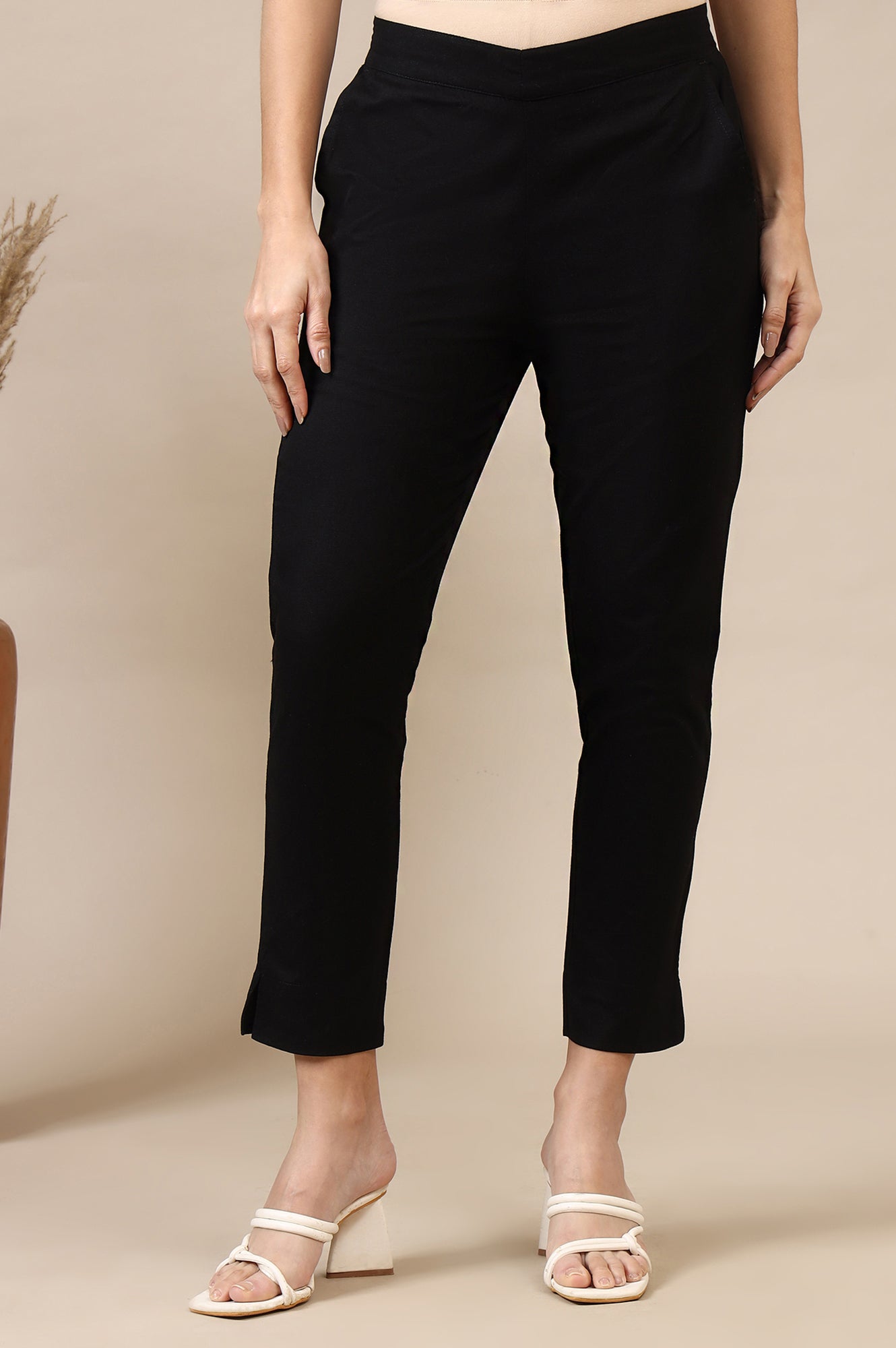 Black Solid Cotton Flax Mid Rise Ankle Length Slim Fit Trouser – wforwoman