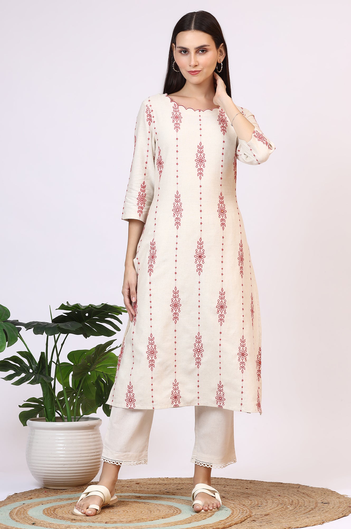 Light Beige Thread Embroidered Cotton Flax Straight Kurta – wforwoman