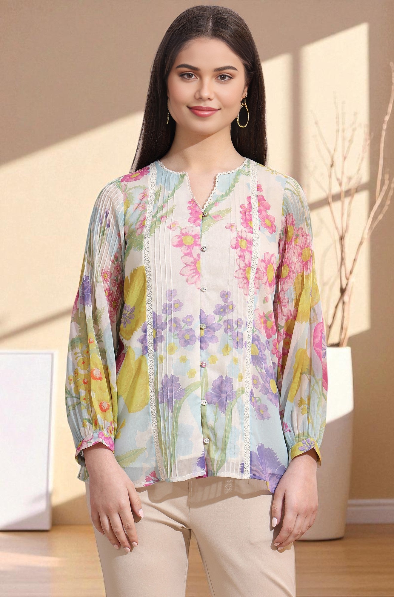 Buy White Floral Printed Chiffon Top with Lace Work Online for Woman ...