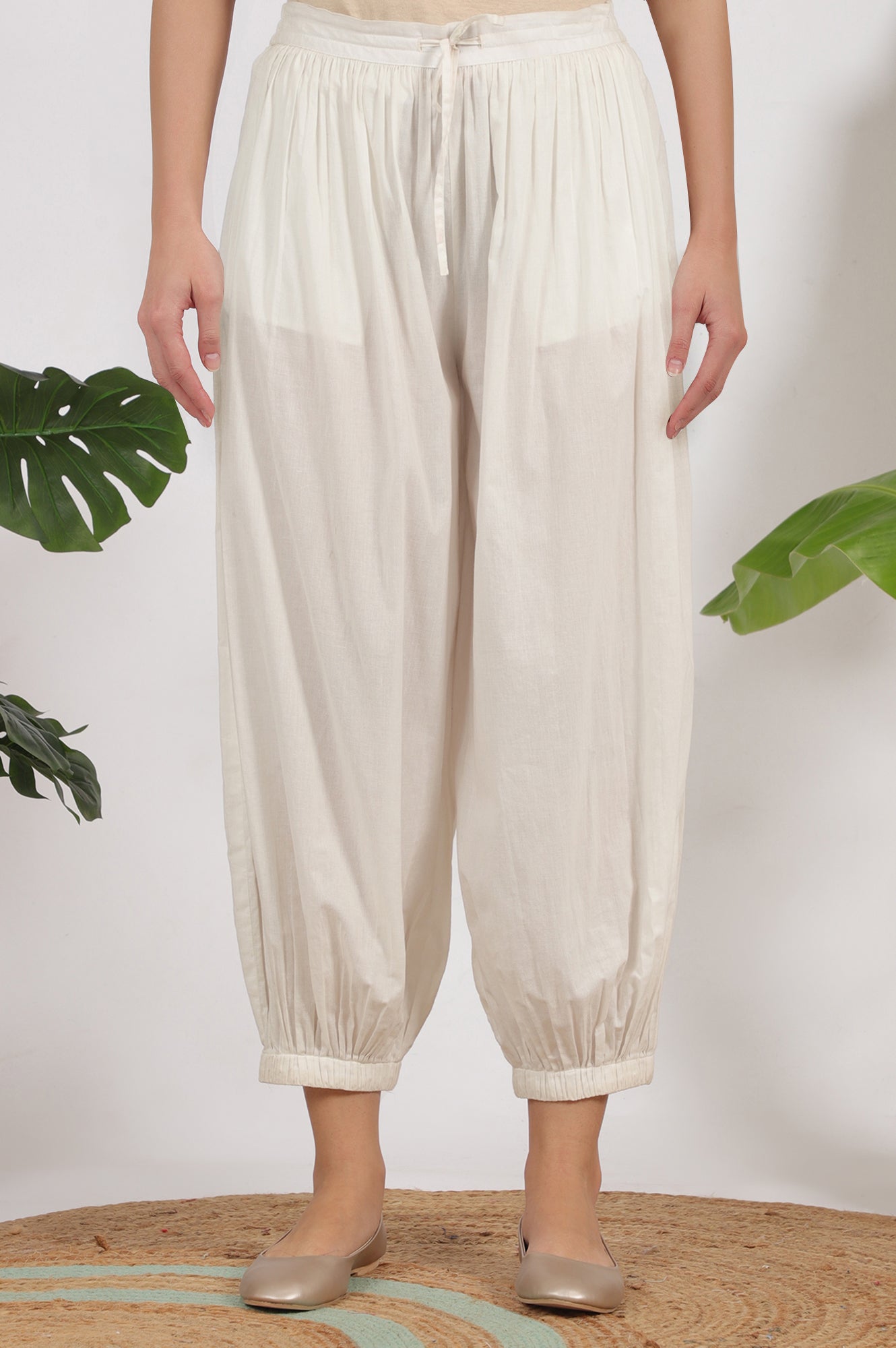 White Ankle Length Pure Cotton Gathered Pants – wforwoman