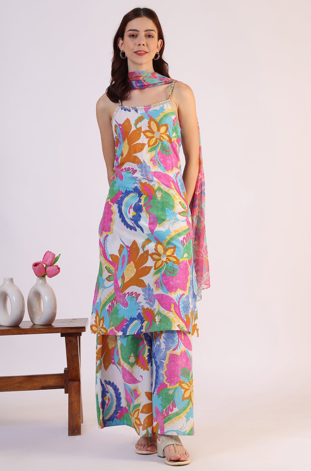Buy White Abstract Printed Pure Cotton Spaghetti Kurta, Flared Pants ...