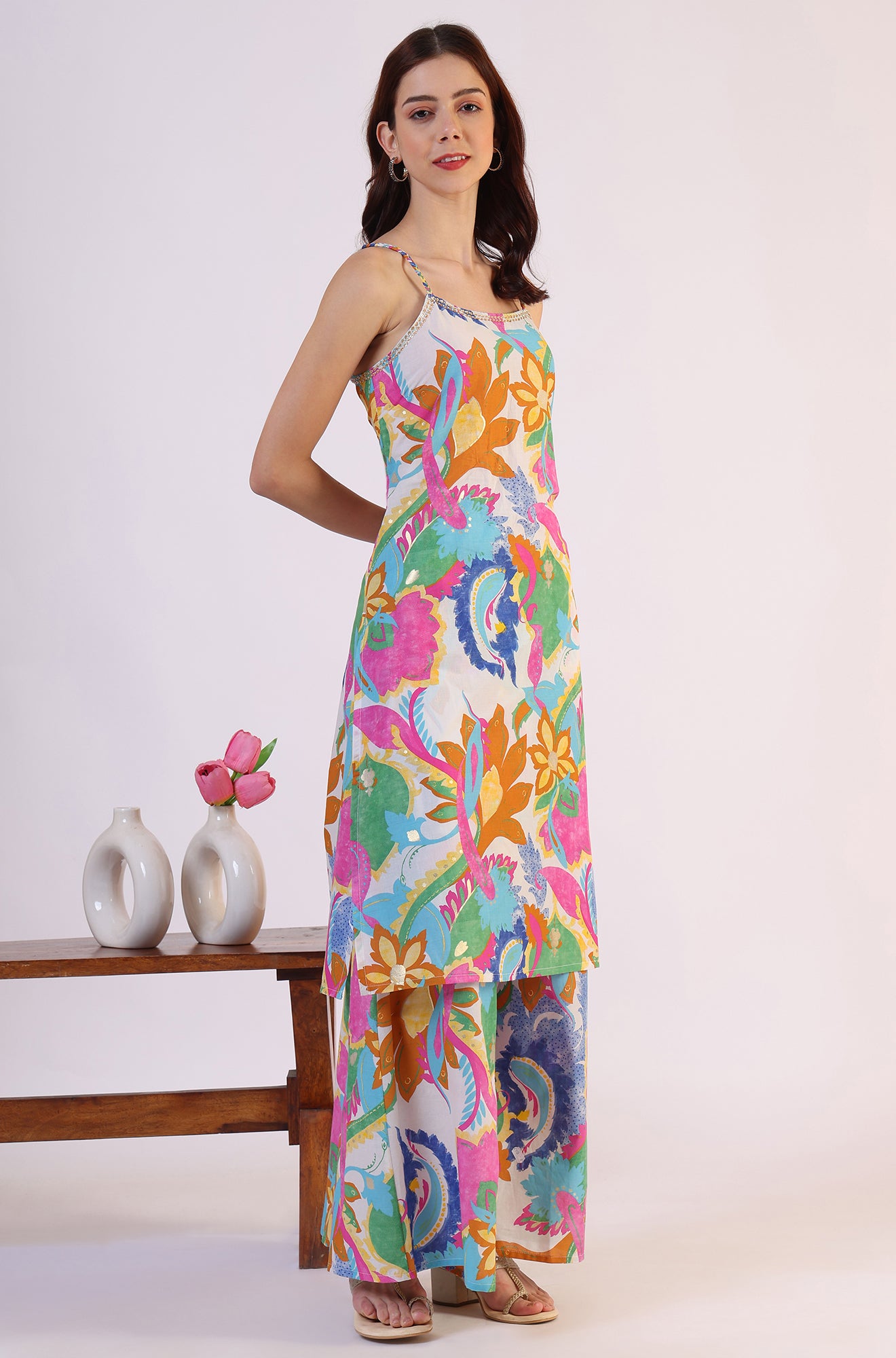 Buy White Abstract Printed Pure Cotton Spaghetti Kurta, Flared Pants ...