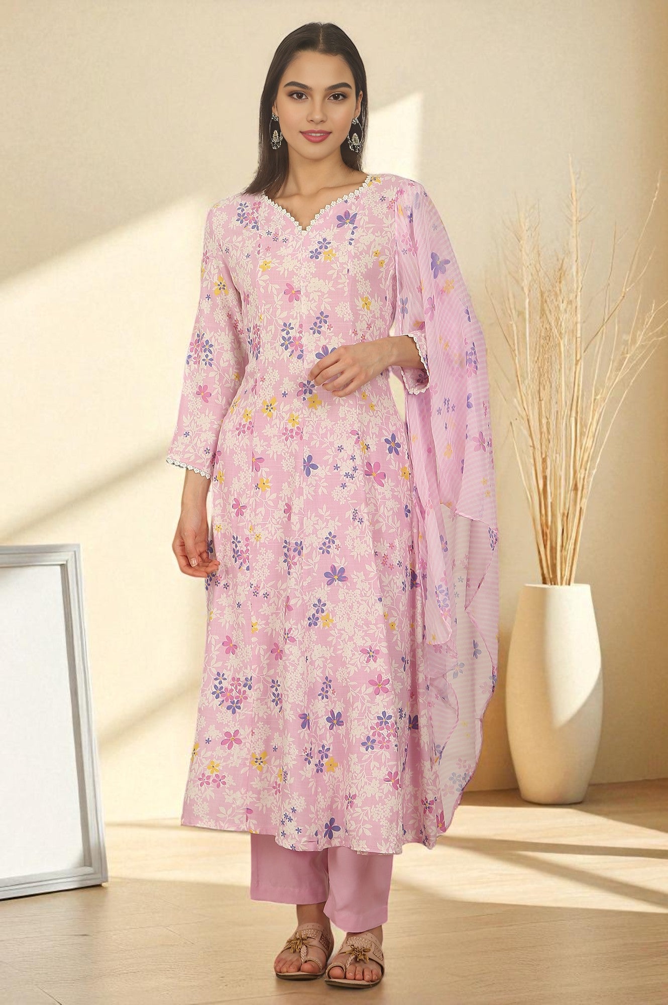Buy Pink Floral Printed Flared Rayon Kurta, Pants and Dupatta Set ...
