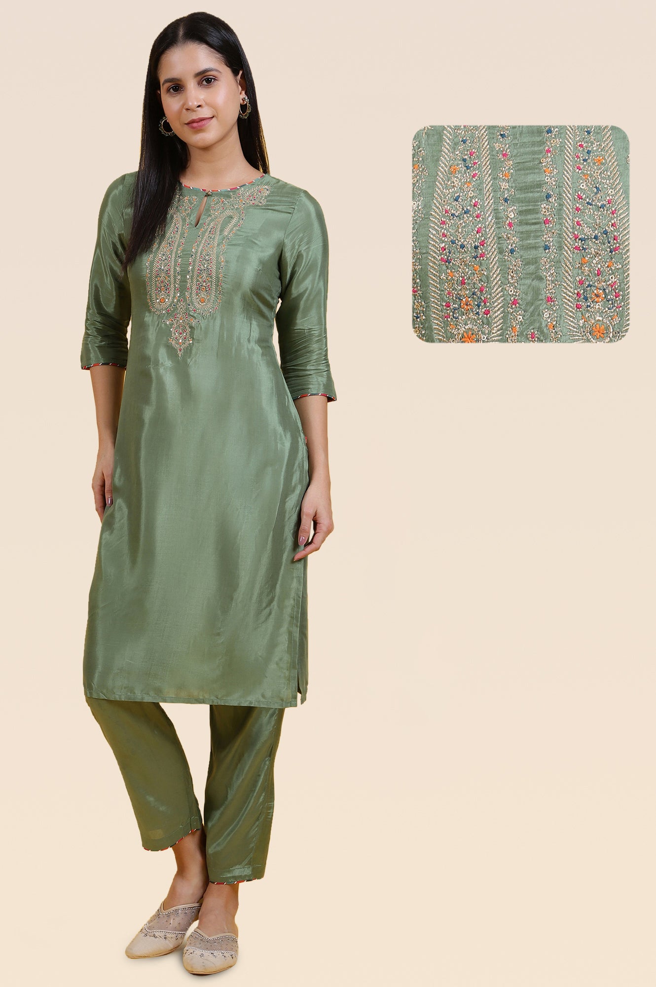 Buy Light Green Embroidered Shantung Straight Kurta and Pants Co-ord ...