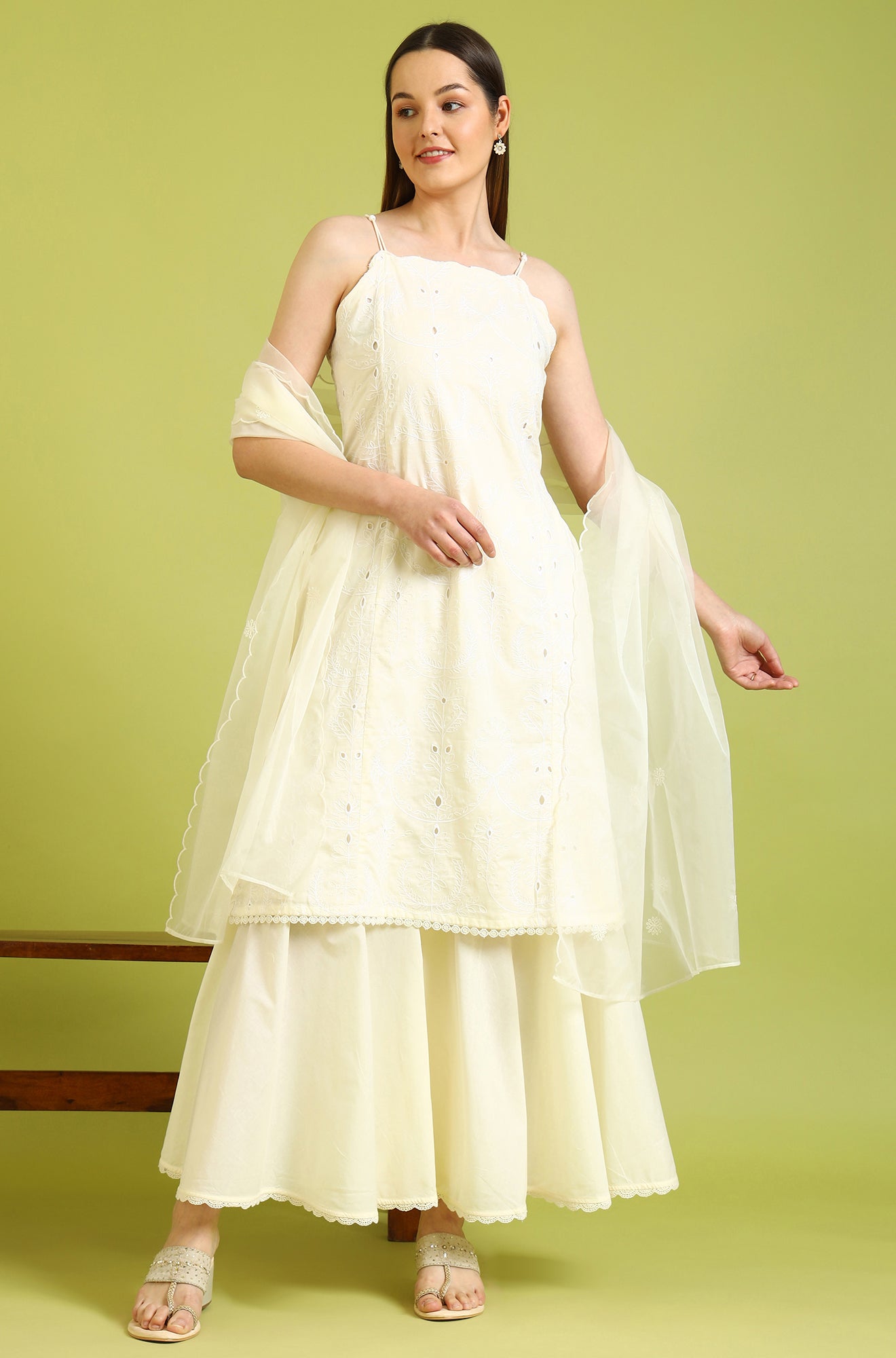 White Embroidered Pure Cotton Straight Spaghetti Kurta and Sharara Set ...