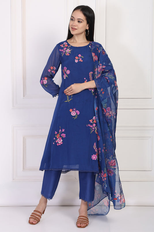 Blue Embroidered A-Line Organza Kurta with Straight Pant and Dupatta S ...
