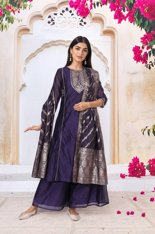 Purple Embroidered A-Line Chanderi Kurta with Flared Pant and Dupatta ...