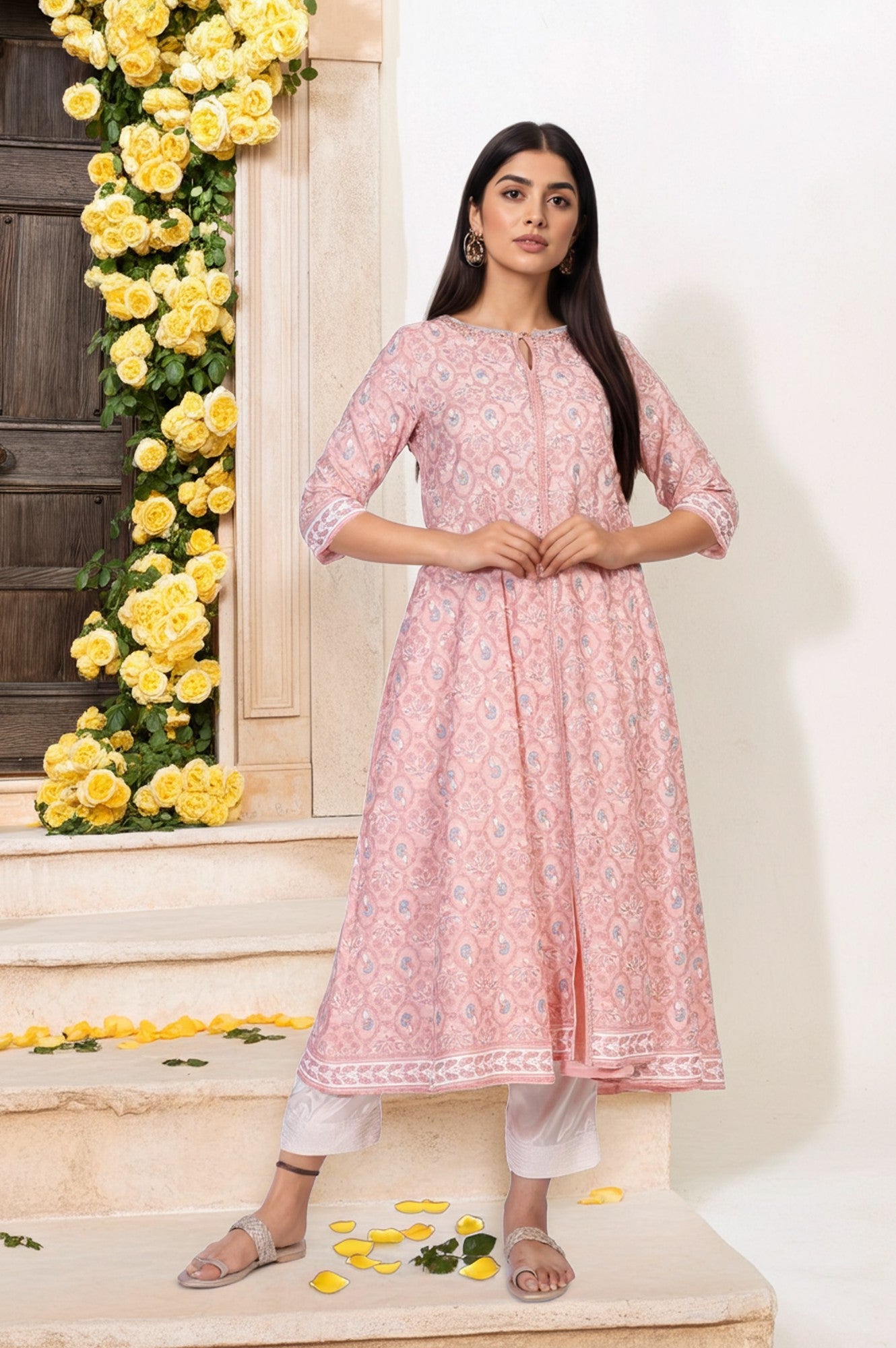 Buy Pink Floral Printed Rayon A-Line Kurta with Straight Pant Set ...