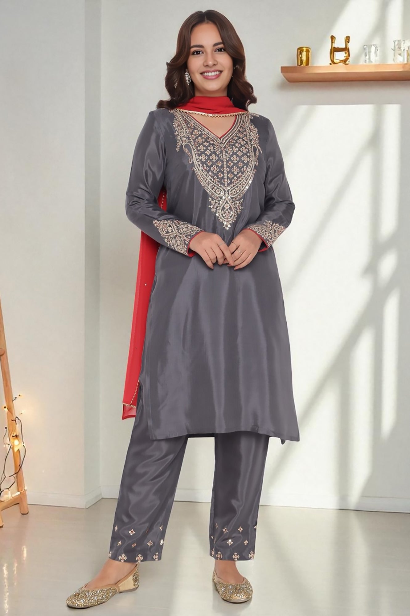 Buy Grey Solid Printed Shantung Straight Kurta, Straight Pant and ...
